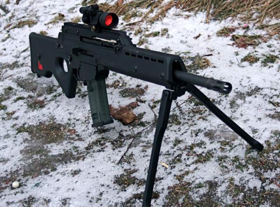 Try shooting with Heckler & Koch rifle and Revolver